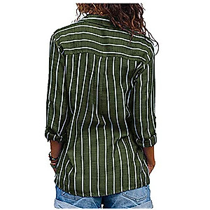 Andongnywell Women's Stripe Lapel Long Sleeve Shirts Tops Plain Front Pockets Turn Down Button Shirts (Green,3,Large)