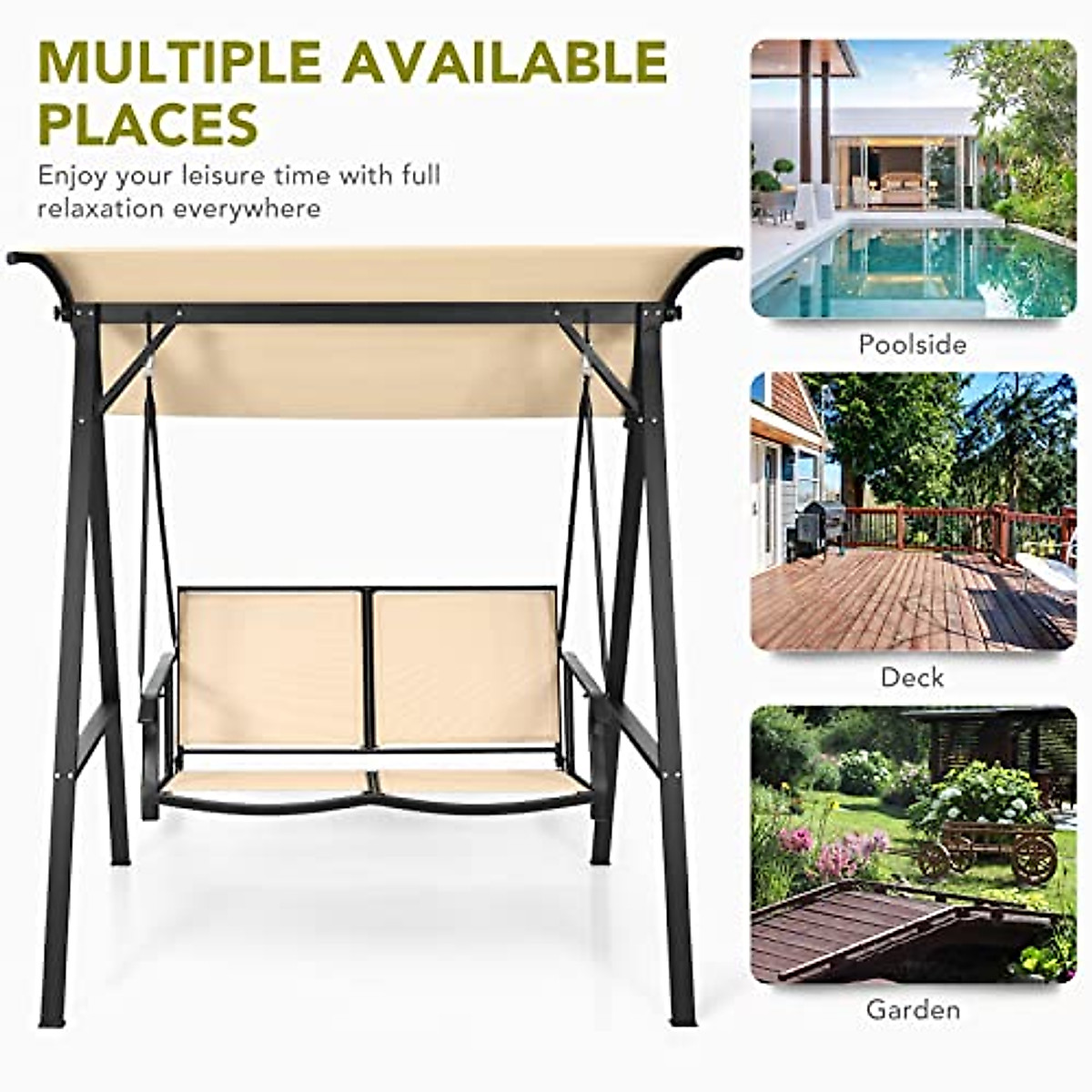 Tangkula 2-Person Patio Swing, Weather Resistant Porch Swing with Adjustable Canopy, Steel Frame, Outdoor Modern Canopy Swing with Handrails, Suitable for Porch Garden Poolside (Coffee)