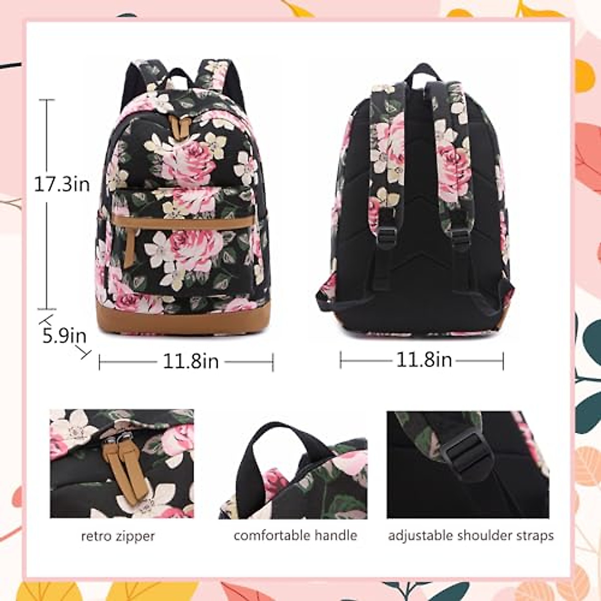 Lmeison Green Floral Backpack with Lunch Box, Girls Backpack for School Kids Backpack College Backpack Travel Backpack for Women