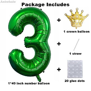 40 Inch Dark Green Number Foil Balloons With Detachable Gold Crown,Large Size Number 3 Mylar Helium Balloons For 3rd Birthday Party Wedding Anniversary Celebration Decoration Supplies (3)