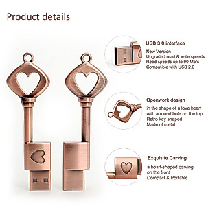 64GB USB 3.0 Flash Drive, BorlterClamp Memory Stick Retro Metal Love Heart Key Shaped USB Drive Thumb Drive