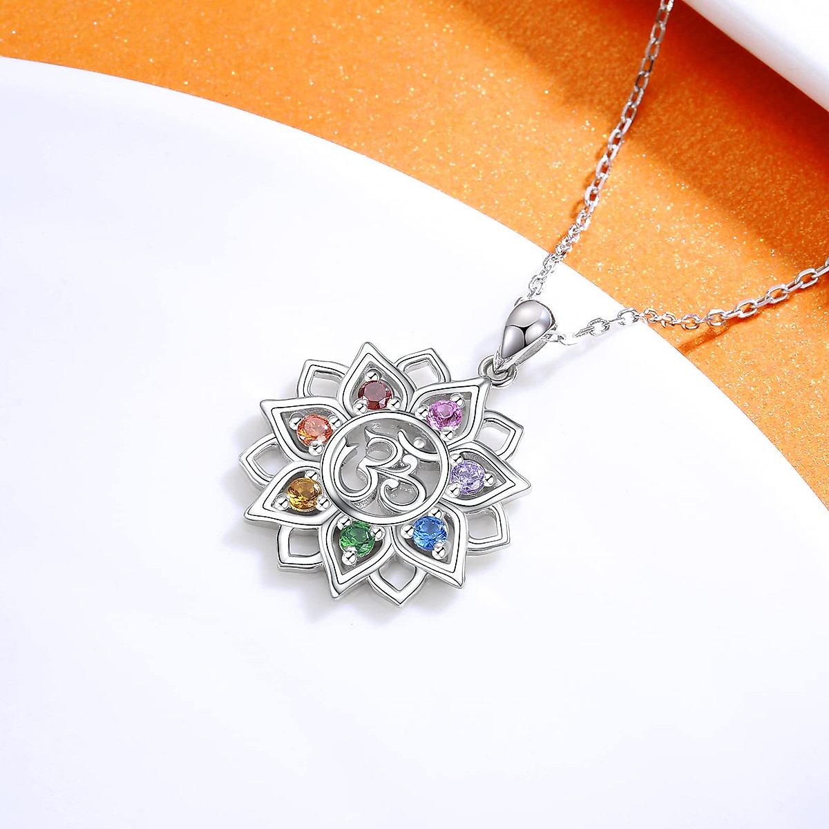 Chakra Yoga Lotus Flower Necklace 925 Sterling Silver Om Ohm Symbol Crystal Pendant Necklace Spiritual Jewelry Gift for Women (Chakra Lotus Flower Necklace)