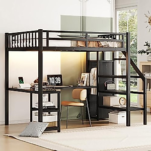 Full Size Loft Bed with Desk and Stairs Metal Full Loft Bed with Storage Wardrobe and Charging Station Adult Loft Bed with LED Lights and Adjustable Shelf for Kids Teens, Black