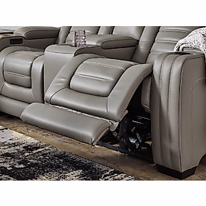 Signature Design by Ashley Backtrack Contemporary Tufted Leather Power Reclining Loveseat with Console and Adjustable Headrest, Light Gray