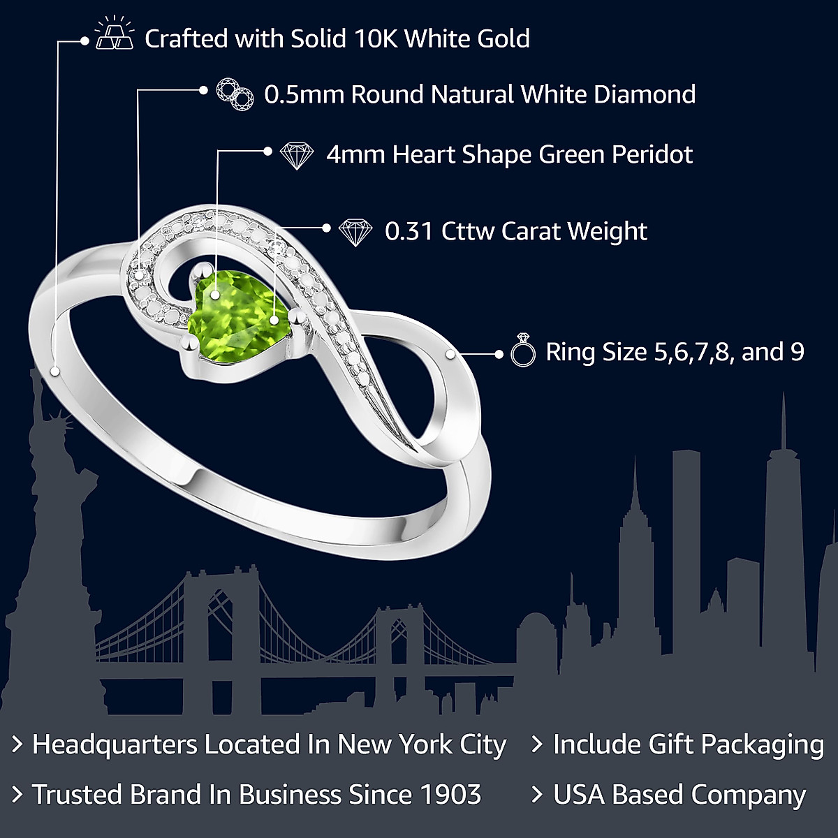 Gem Stone King 10K White Gold 4MM Heart Gemstone Birthstone & White Diamond Accent Infinity Ring | Heart Shape Wedding Engagement Anniversary Promise Ring For Women