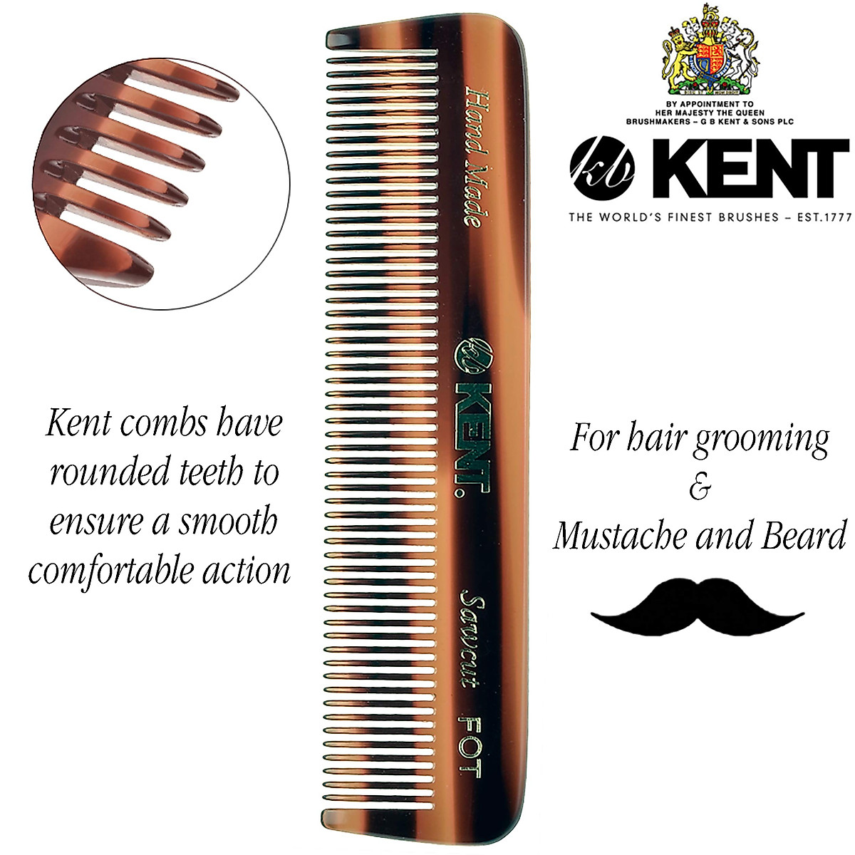 Kent A FOT Handmade All Fine Tooth Saw Cut Beard Comb - Pocket and Travel Comb - Styling Comb or Wet Comb for Fine or Thinning Hair, Beard Care, and Hair Care for the Essential Kent Beard Kit