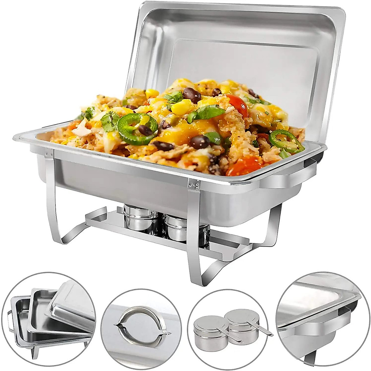 HONHPD Upgrade 8 Qt 4 Pack Full Size Stainless Steel Chafing Dishes Buffet Set,Silver Rectangular Catering Chafer Warmer Set with Trays Pan Lid Folding Frame for Kitchen Party Banquet Dining,Thickened