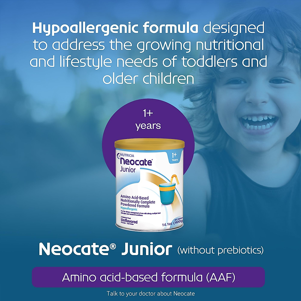 Nutricia Neocate Junior - Hypoallergenic, Dairy-free, Amino Acid-Based Formula without Prebiotics - Formula for 1+ Years - For Toddlers, Kids & Teens - Powdered Formula - 14.1 oz can (Case of 4)