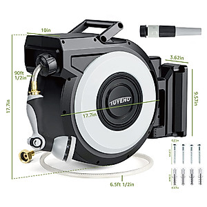 Tuyeho Retractable Garden Hose Reel 90 FT, Wall Mount Heavy Duty Water Hose Reels with Automatic Slow Rewind System, Outdoor Hoses Reel with 2 Hose Nozzles for Garden Watering, Car Wash, Pet Shower