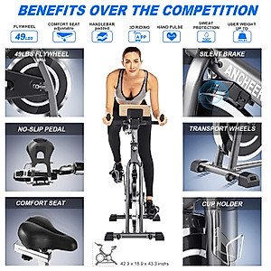 ANCHEER Indoor Cycling Bike, Stationary Exercise Bike with Heart Rate Monitor, Comfortable Seat Cushion, 49LBS Heavy Flywheel, Adjustable Seat and Handlebar, APP Control