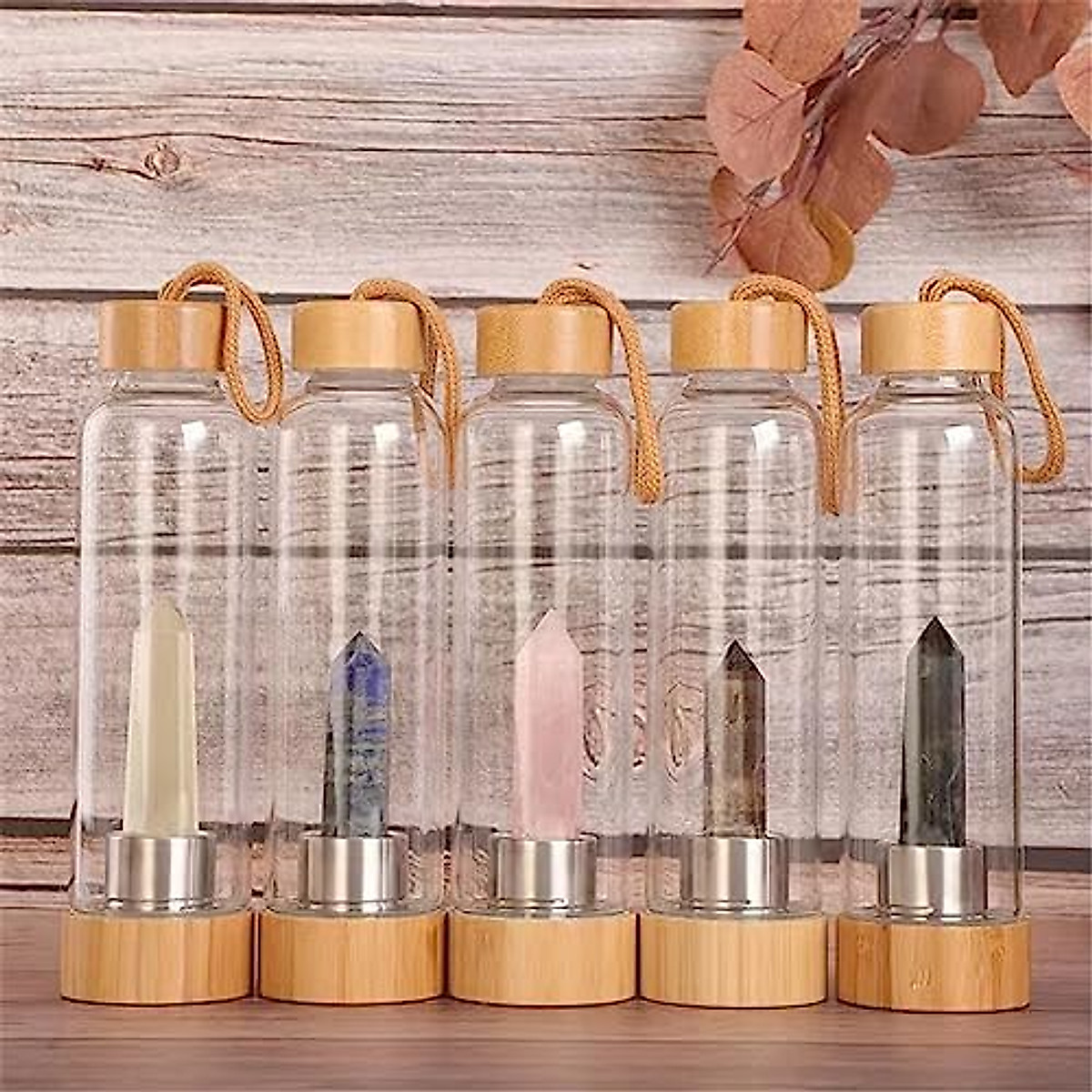 GPPSUNGD Crystal Glass Water Bottle Natural Crystal Energy Bottle with Gemstone Center Crystal Elixir Bottle for Healing and Wellness (Purple)