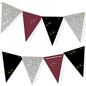 Graduation Decorations Maroon Black 2024/Burgundy Black Graduation Party Decorations/Burgundy Silver Black Triangle Banners 2pcs for Maroon Black Birthday Party Decorations Bridal Shower/Wedding