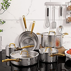 Homaz life Pots and Pans Set, Tri-Ply Stainless Steel Hammered Kitchen Cookware, Induction Compatible, Dishwasher and Oven Safe, Non-Toxic, Professional Grade Cooking Sets, 10-Piece, Silver