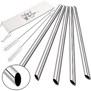 [Angled Tips] 5 Pcs 10" Reusable Boba Straws & Smoothie Straws, 0.5" Wide Stainless Steel Straws, Metal Straws for Bubble Tea/Tapioca Pearl, Milkshakes, Jumbo Drinks | 2 Cleaning Brushes & 1 Case
