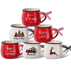 Sawysine Christmas Coffee Mugs Set of 6, 12 oz Ceramic Mug Gift Holiday Hot Cocoa for Mom Woman Family Friend Farmhouse (Elegant Style)