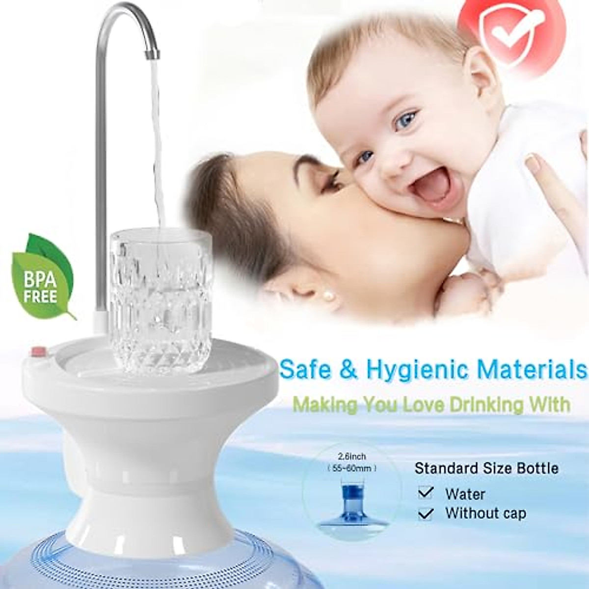 White Drinking Water Dispenser Pump, Automatic Electric Drinking Water Bottle Pump for 1-5 Gallon Water Jugs, USB Rechargeable with The Switch Control, Portable for Home, Kitchen, Office, Camping