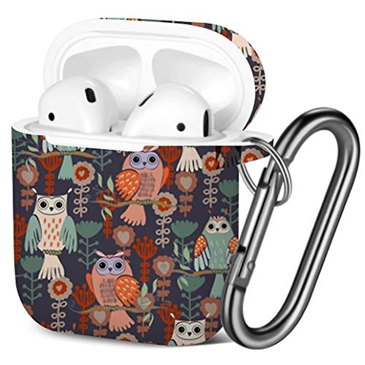 [ Compatible with AirPods 2 and 1 ] Shockproof Soft TPU Gel Case Cover with Keychain Carabiner for Apple AirPods (Owl Sitting On Branches)