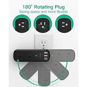 USB Outlet Extender Surge Protector - with Rotating Plug, 1800 Joules, 6 AC Multi Outlet and 3 USB Ports (1 USB C), 3-Sided Swivel Power Strip with Spaced Splitter for Home, Office, Travel