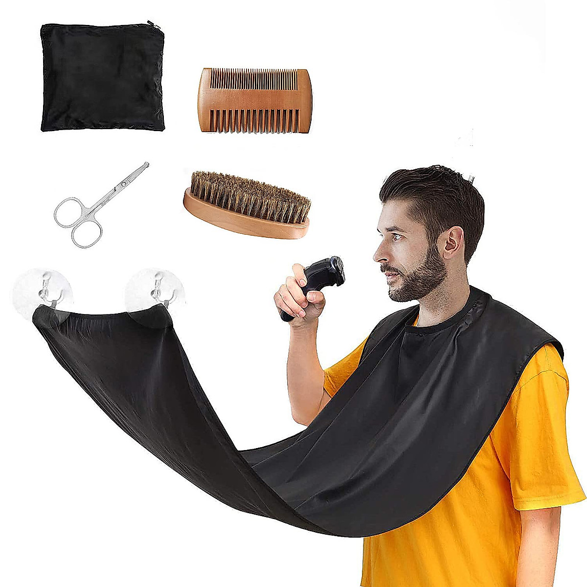 kirahiro 6-Piece Beard Catcher Kit for Shaving & Trimming & Grooming,with Beard Apron,Beard Brush,Beard Comb,Scissor,Suction Cups,Bag(Deluxe sets)