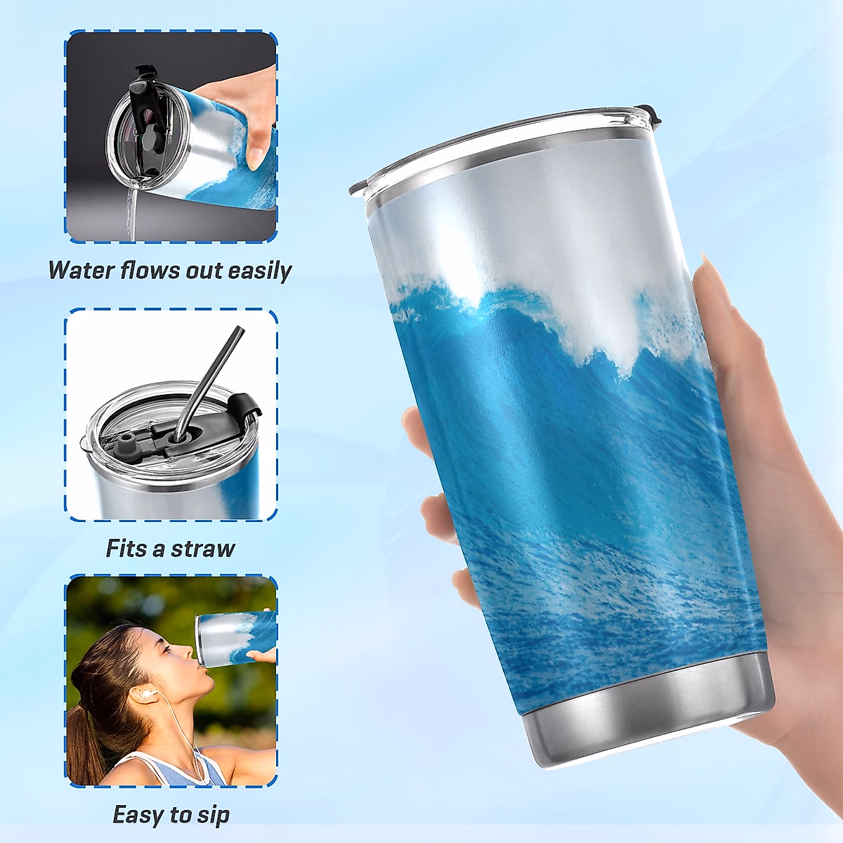 Yasala Tumbler Summer Blue Ocean Wave Insulated Office Coffee Cup Back to School Beverage Container Travel Mug with Straw and Lid Double Wall Stainless Steel 20oz