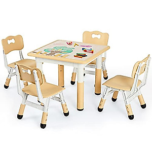AuAg Kids Table and 4 Chairs Set, Height Adjustable Toddler Study Table and Chair Set for Age 2-10, Multi-Activity Art Table W/Graffiti&Scrubtable Desktop, for Daycare, Classroom, Home (Natural)