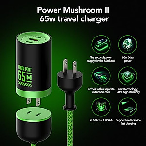 MFish 65W GaN Fast Wall Charger Block with 2 USB-C & 1 USB-A Ports, 5ft Nylon Extension Adapter – High-Speed Charging for iPhone, iPad, MacBook, Samsung Galaxy, and More Devices (Green)