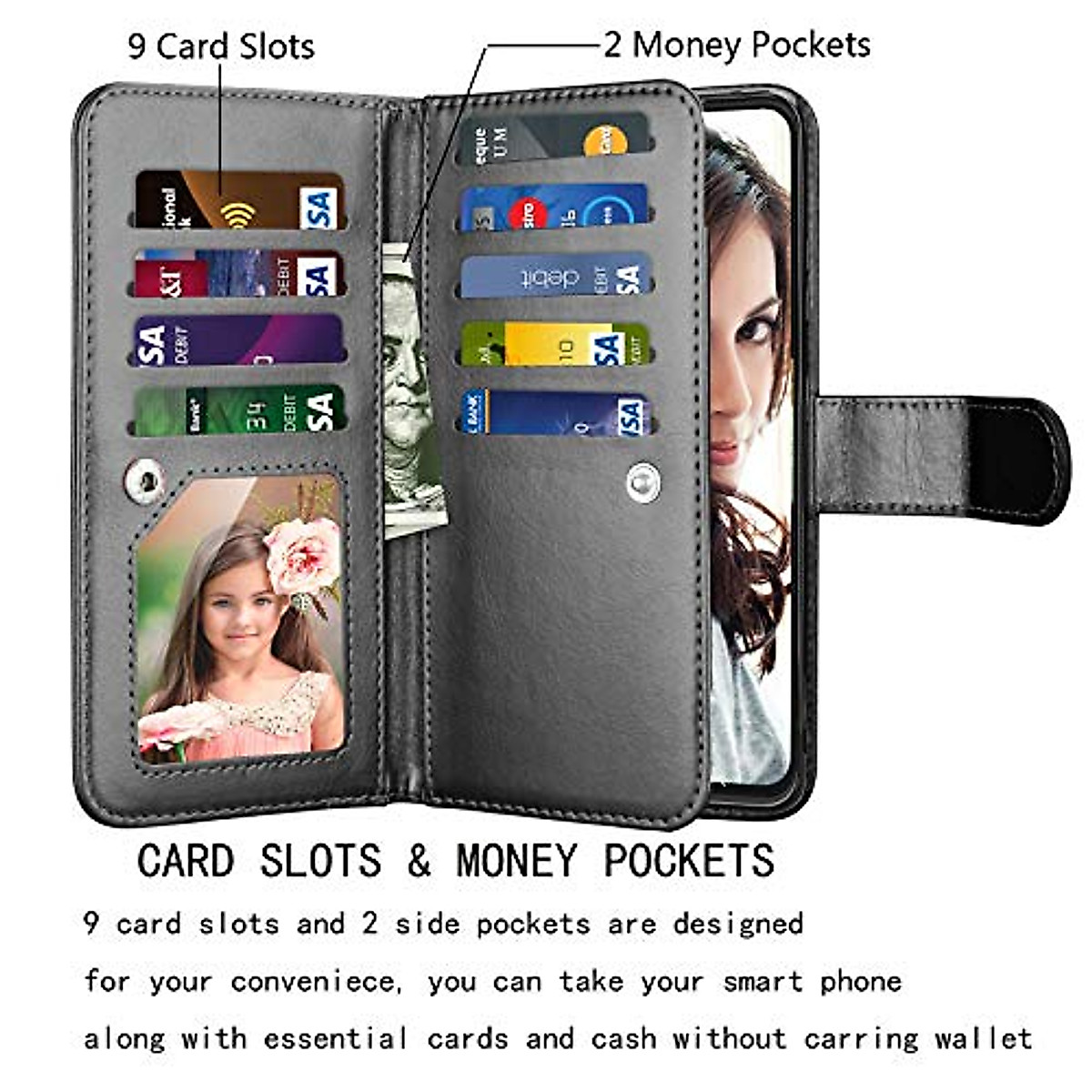 NJJEX Wallet Case for Samsung Galaxy S21 Ultra 5G, for Galaxy S21 Ultra Case 6.8", [9 Card Slots] PU Leather ID Credit Holder Folio Flip [Detachable] Kickstand Magnetic Phone Cover & Lanyard [Black]