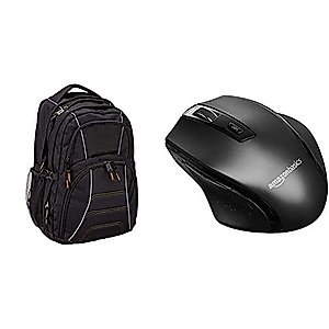 Amazon Basics Laptop Computer Backpack with padded shoulder straps and Organizational compartments (Black) & Ergonomic Wireless Mouse - DPI adjustable - Black