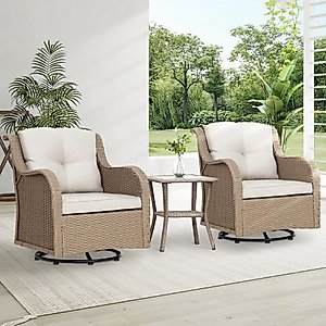 J.M.Deco Outdoor Swivel Rocker Patio Chairs Set of 2 and Matching Side Table - 3 Piece Wicker Patio Bistro Set with Premium & Soft Fabric Cushions for Porch, Backyard, Balcony (Light Brown)