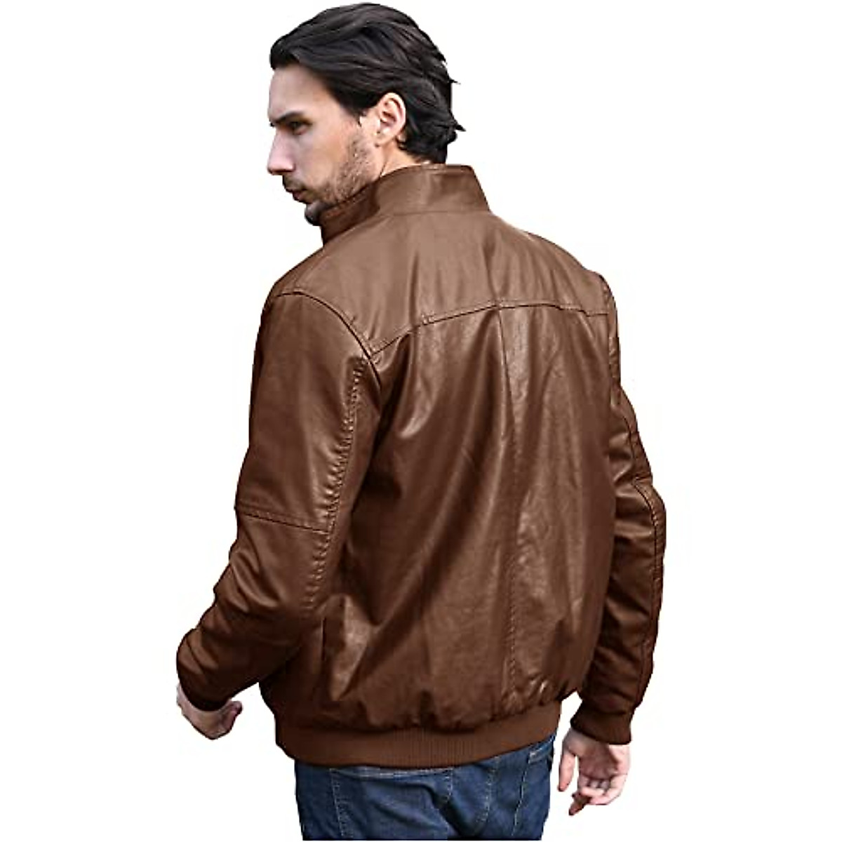 WenVen Men's Stand Collar Fleece Lined Bomber Faux Leather Jacket (Field, M)