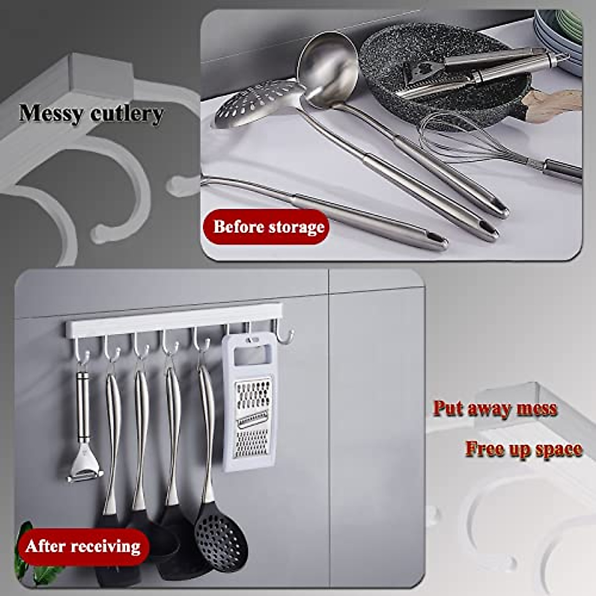 NC Kitchen Towel Hook Self Adhesive Installation,with 8 Slide Hooks, Kitchen Must Haves,Door,Key,Bathroom Coat Rack Hook Space Aluminum Wall Bathroom Hat Hook.(15.75 inch with 8 Hook, Silver White)