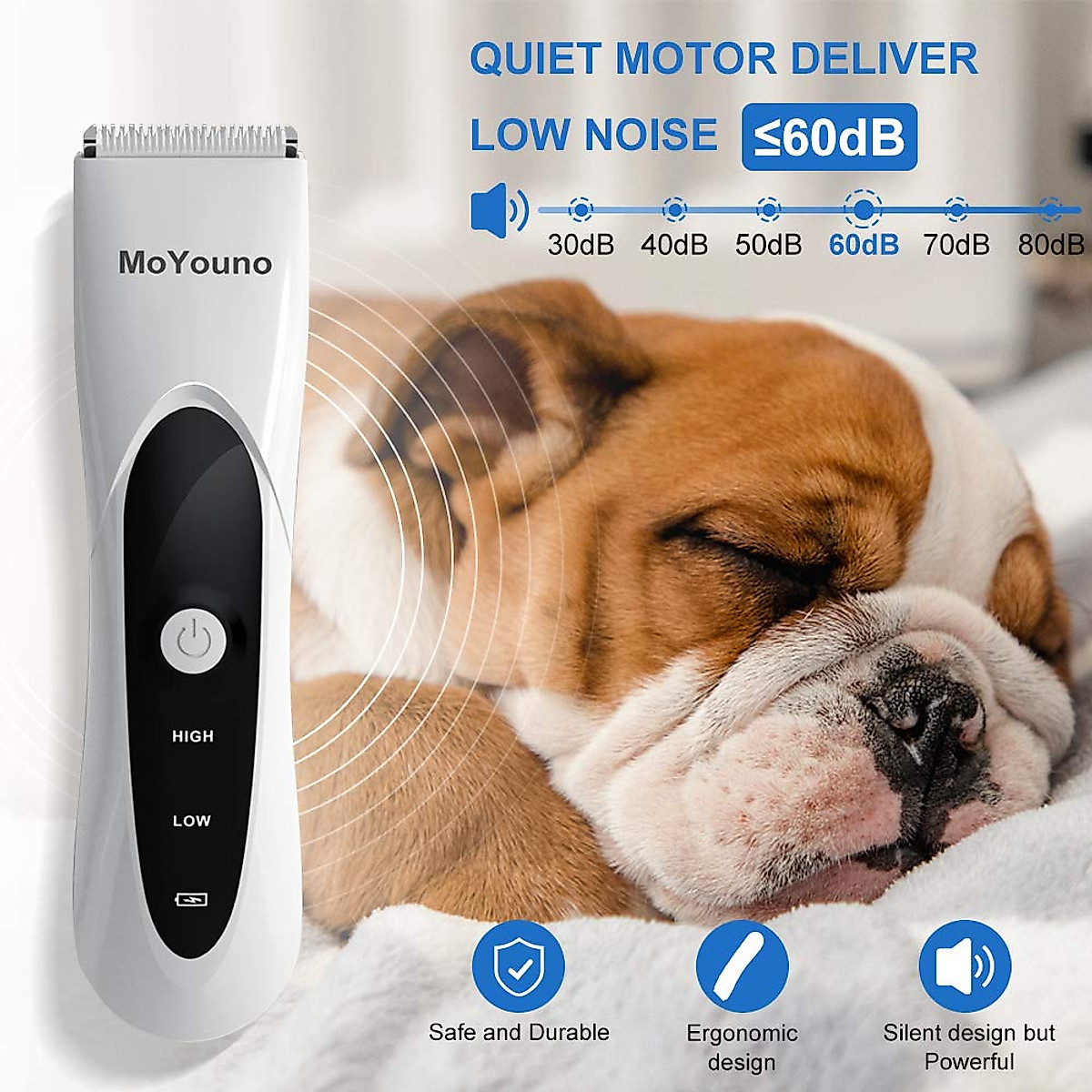 MoYouno Professional Dog Grooming Clippers, White, 2-in-1 Detachable Premium Blades, Super Quiet, Low Vibration, Guide Combs & Scissor, Rechargeable