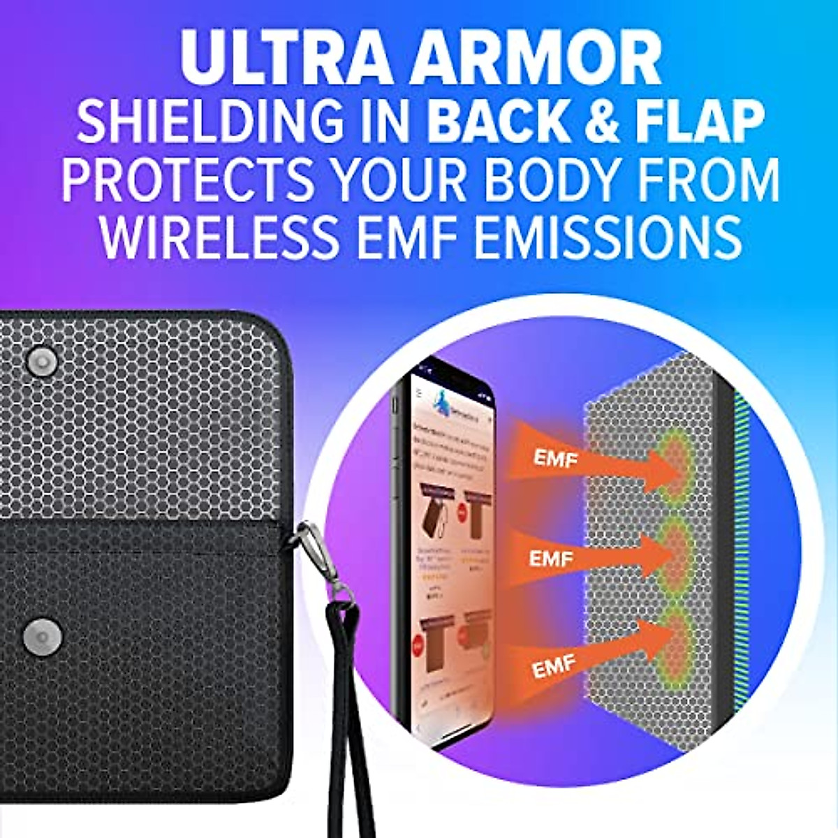 DefenderShield EMF Protection Clutch Purse - RFID Blocking Anti Radiation Crossbody Wristlet Handbag - Vegan Leather Bag, Black Pebble Grain