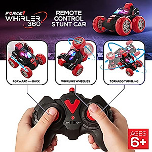 Force1 Whirler 360 Stunt Car Mini RC Car for Kids - Fast Mini Stunt 5 Wheels LEDs 360 Flips Standing Rotating Small RC 2.4 GHZ Rechargeable Remote Control Toy Vehicle for Boys Girls - Red/Black