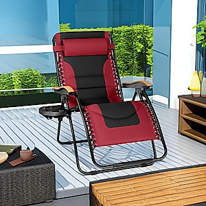 PHI VILLA XXL Oversized Padded Zero Gravity Chair, Foldable Patio Recliner, 30" Wide Seat Anti Gravity Lounger with Cup Holder, Support 400 LBS (Red)
