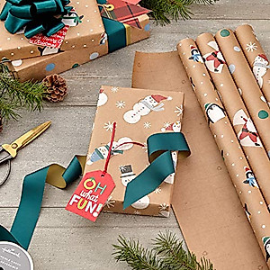 Hallmark Recyclable Kraft Christmas Wrapping Paper for Kids with Cut Lines on Reverse (4 Rolls: 88 sq. ft. ttl) Penguins, Santa, Snowmen, Polka Dots