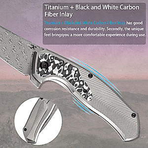 KANSEPT HAVØRN Pocket Folding Knives for Men Women Camping Hiking Folding Knife 3.48'' Damascus Blade Pocke Knife with Titanium Black and White Carbon Fiber Inlay Handle Everyday Carry K1069A1