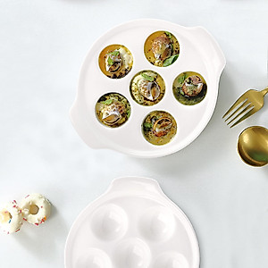 Okllen 4 Pack Ceramic Escargot Plates with 6 Holes and Handles, 6.5 Inch Seafood Snail Dish Footed Plates White Escargot Baking Dish Barbecue for Home, Kitchen, Restaurant