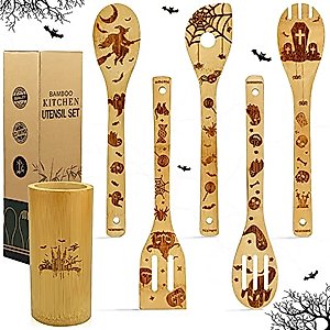 Nialnant Halloween Wooden Kitchen Utensil Set with Storage Bucket, Wooden Spoons for Cooking,Non-Stick Bamboo Cooking Utensils,Fun Gift Ideas for Women - Witch Pattern