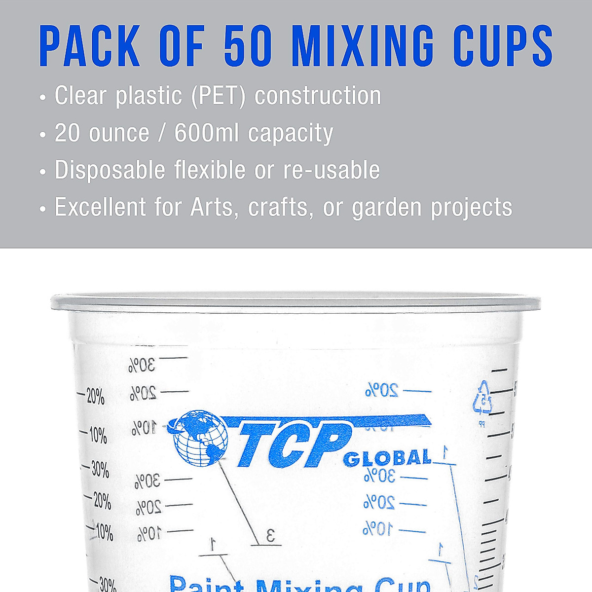 TCP Global 20 Ounce (600ml) Disposable Flexible Clear Graduated Plastic Mixing Cups - Box of 25 Cups & 25 Mixing Sticks - Use for Paint, Resin, Epoxy, Art, Kitchen - Measuring Ratios 2-1, 3-1, 4-1, ML