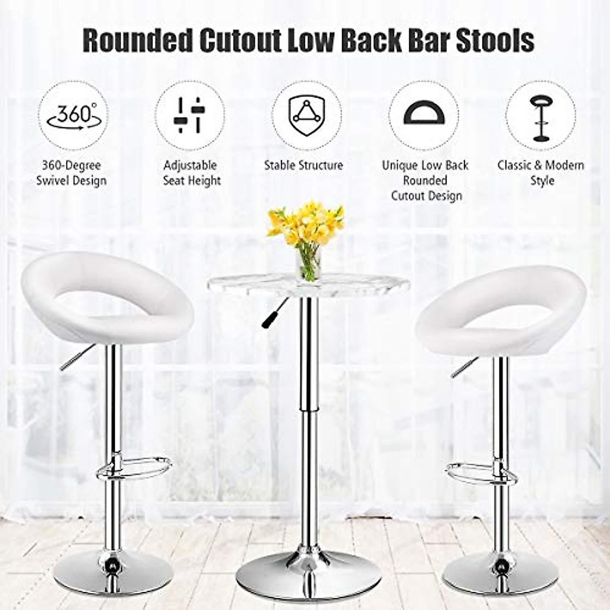 COSTWAY Bar Stools, Set of 2 Modern Swivel Adjustable Barstool, PU Leather Backless Stools, with Chrome Plated Footrest and Base, for Kitchen, Bistro, Pub, White