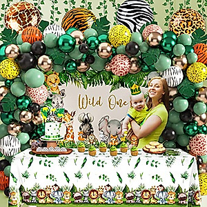 Wild One First Birthday Party Decorations for Boys Jungle Safari Theme Birthday Party Supplies 88 Pcs (Backdrop, Tablecloth, Cake Toppers, Hat, Foil Balloons, Balloons Garland Arch Kit) (Wild One)