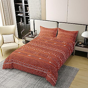 Exotic Geometric Cotton Duvet Cover Set Queen Ethnic African Inspired Boho Bedding Set for Women Men Ultra Soft Rusty Red Stripe Line Comforter Cover Set Arrow Bedspread Cover Room Decor Bedcothes