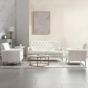 QUINJAY 60'' Small Loveseat Sofa, Modern Button Tufted Sherpa Mini Sofa Couch 2-Seater Fluffy Love Seat with Throw Pillows and Arms Comfy Boucle Loveseat for Living Room, Bedroom, Small Space, White