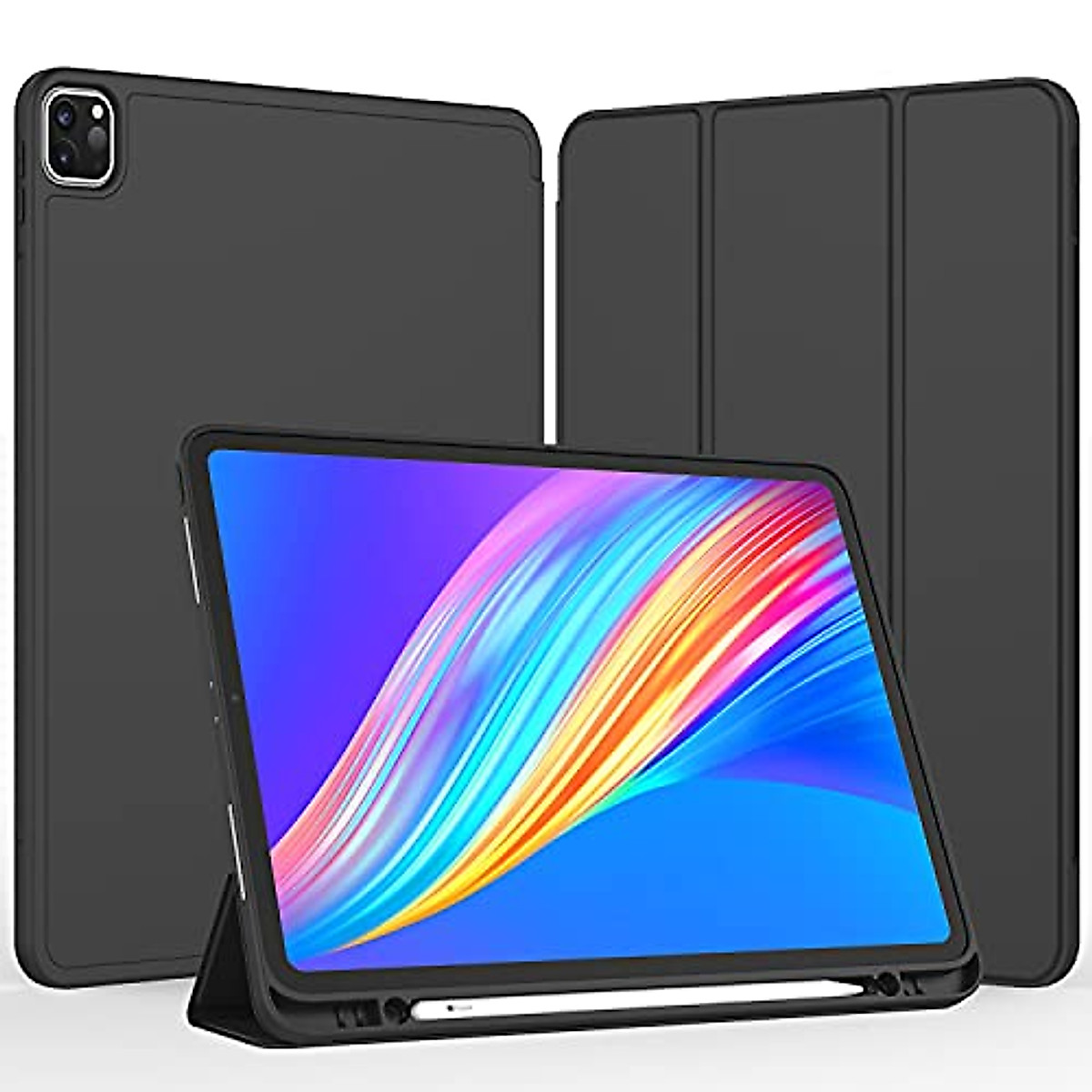 iMieet New iPad Pro 12.9 Case 2022(6th Gen)/2021(5th Gen) with Pencil Holder [Support iPad 2nd Pencil Charging/Pair],Trifold Stand Smart Case with Soft TPU Back,Auto Wake/Sleep(Black)