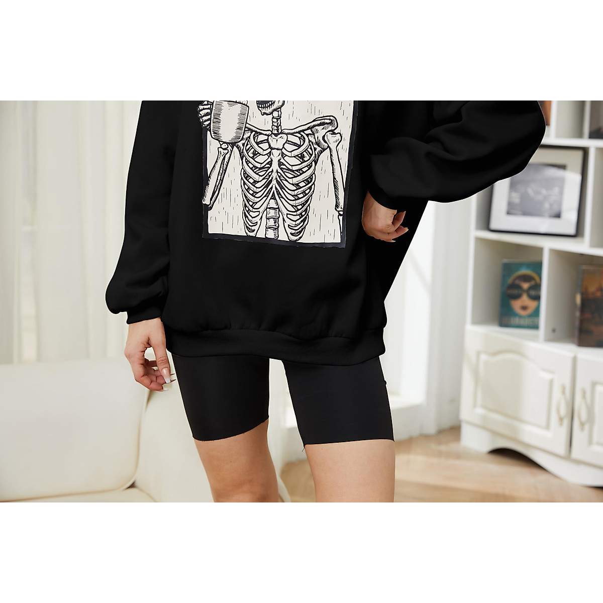 Meladyan womens Halloween Skull Graphic Print Fleece Oversized Sweatshirt Crewneck Long Sleeve Drop Shoulder Pullover, Classic Black, X-Large