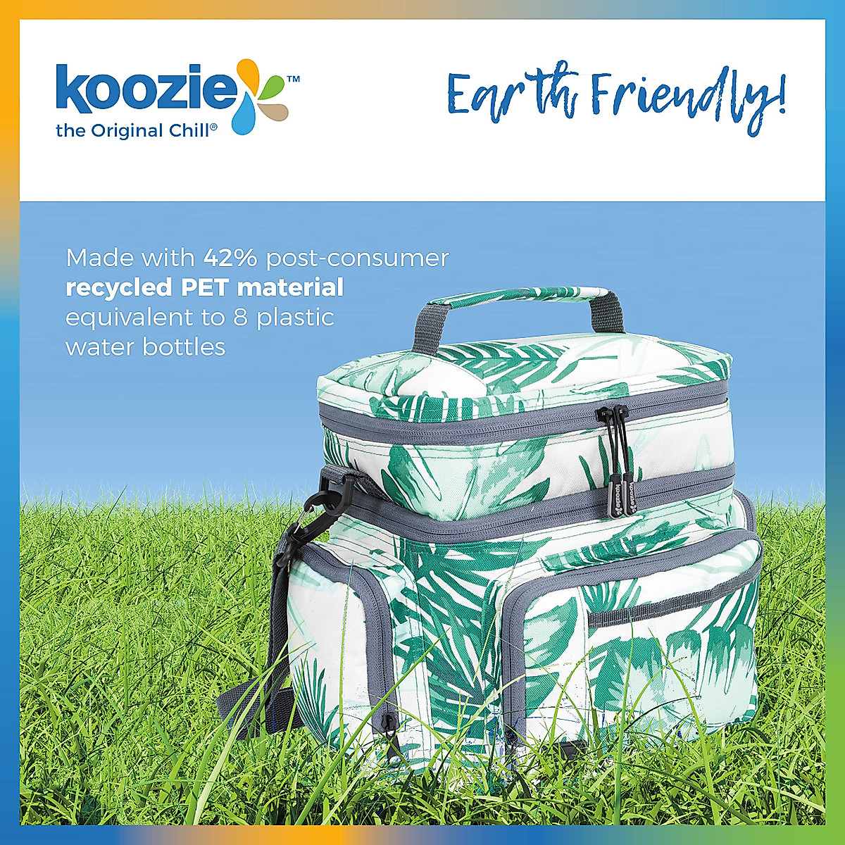 KOOZIE Dual Compartment Cooler Lunch Bag for Women - Large Double Decker Insulated Lunch Box with Removable Shoulder Strap - Resuable Lunch Tote for Work, Travel, Beach, Picnic (Tropical)