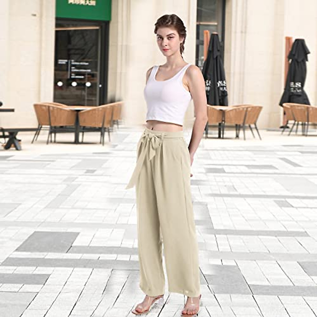 Zehwonpei Wide Leg Pants for Women High Waisted Palazzo Flowy Casual Pants Trendy Bowknot Loose Lounge Trousers with 2 Pockets (Beige,Size XL)