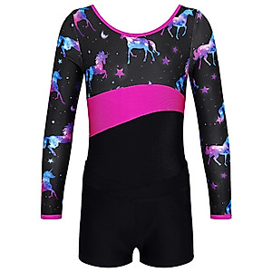 Yihuimin Kids Girls Tie Dye 2 Pcs Athletic Biketard Long Sleeve Gymnastics Leotard with Shorts Night Pegasus 6 Years