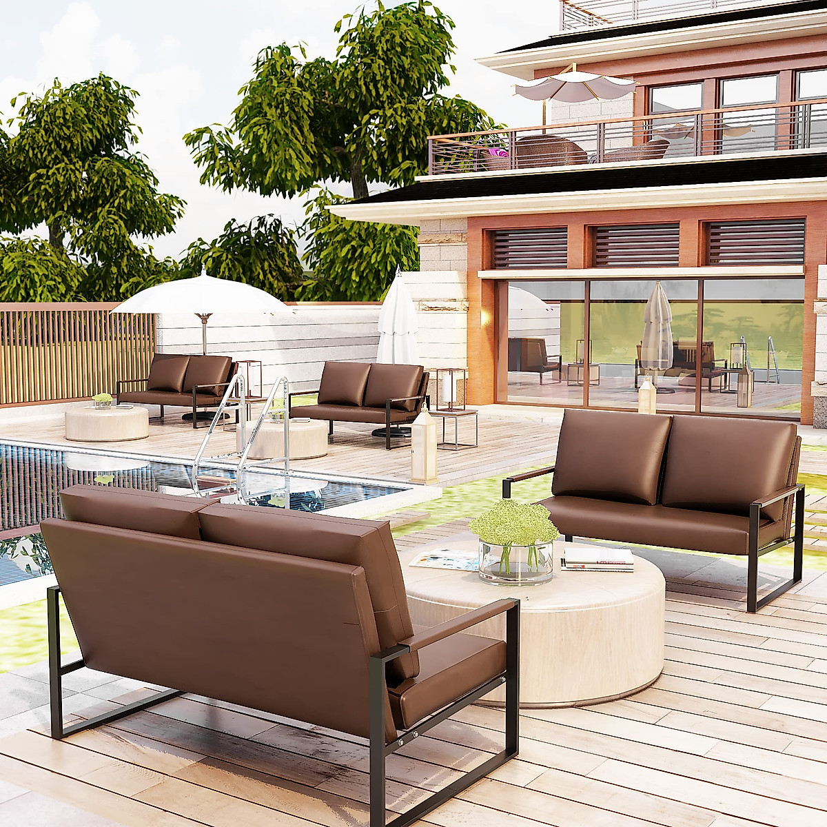 AWQM PU Leather Loveseat Set of 2, Accent Chair Middle Age Couch Upholstered Sofa with Removable Cushions and Armrest Velcro for Mini Lounge Home & Office, Chocolate